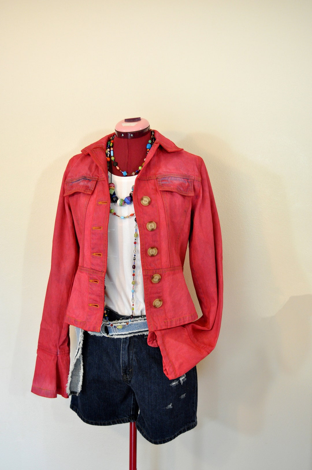 Red Small Denim JACKET Crimson Red Dyed Upcycled Bernard Sport Denim ...