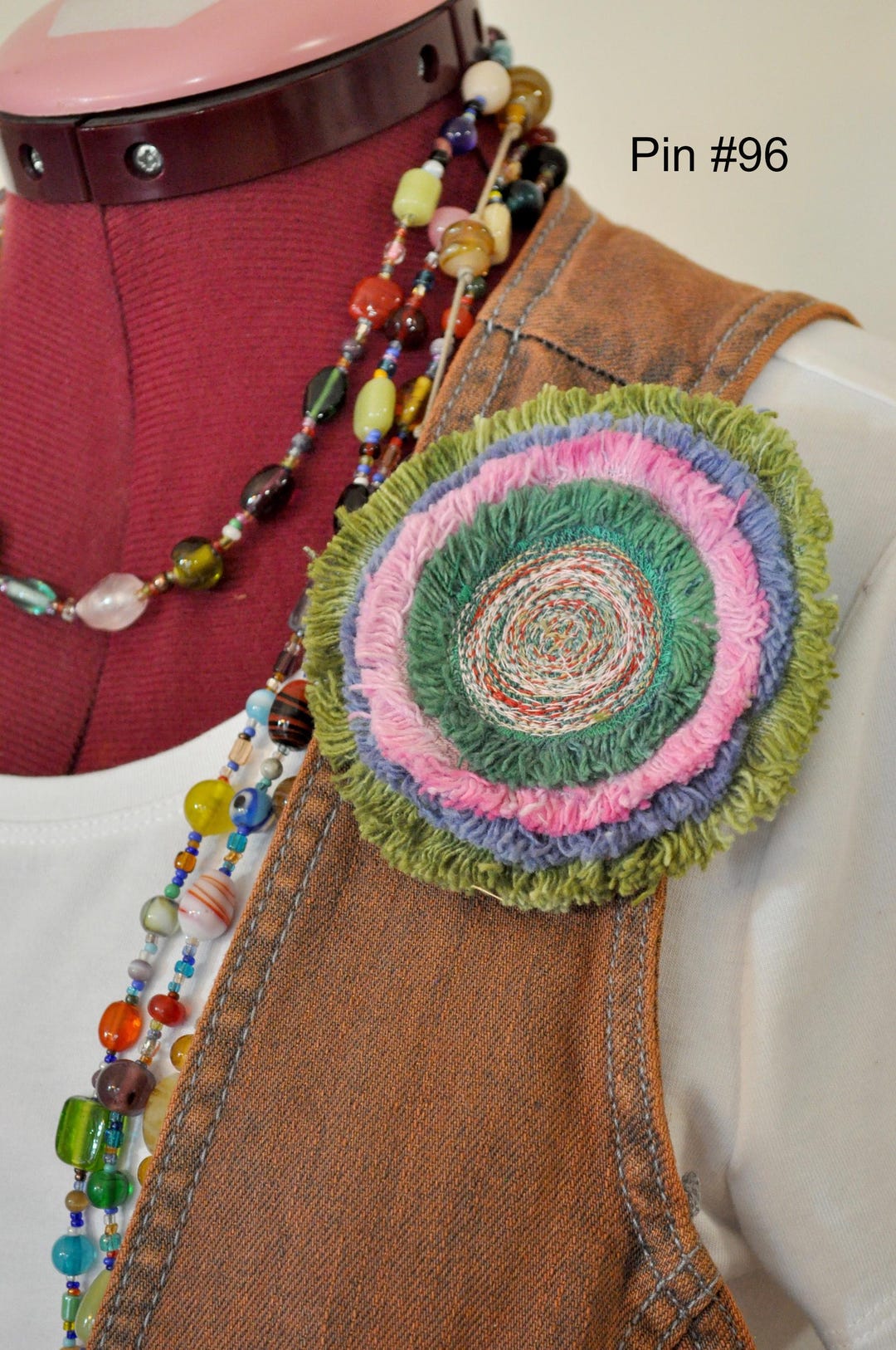 Dyed Upcycled Denim Circle Corsage BROOCH Pin Clip (3 - 4