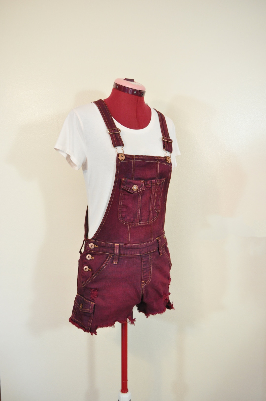 Dark Red Womens XS Bib OVERALL Shorts - Red Solid Dyed Upcycled No ...