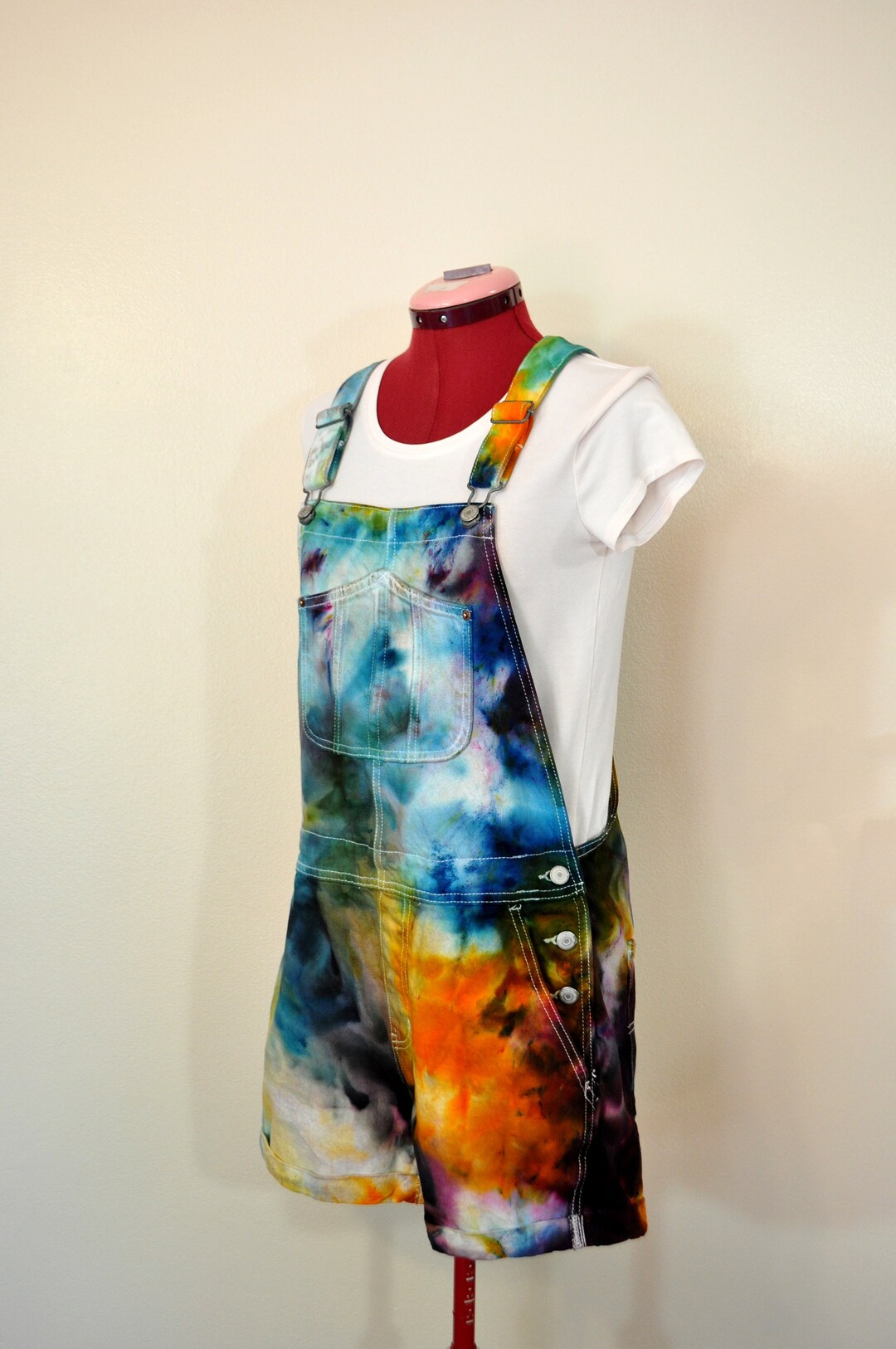 Blue Violet Gold Medium Bib OVERALL Shorts Green Blue Ice Dyed NEW Old ...
