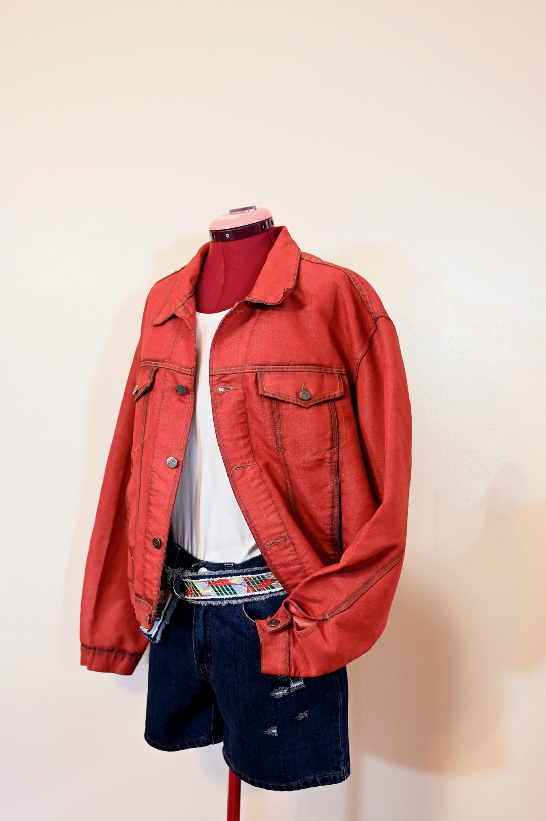 Red Mens XL Denim JACKET - Light Red Solid Dyed Upcycled OTB Cotton ...