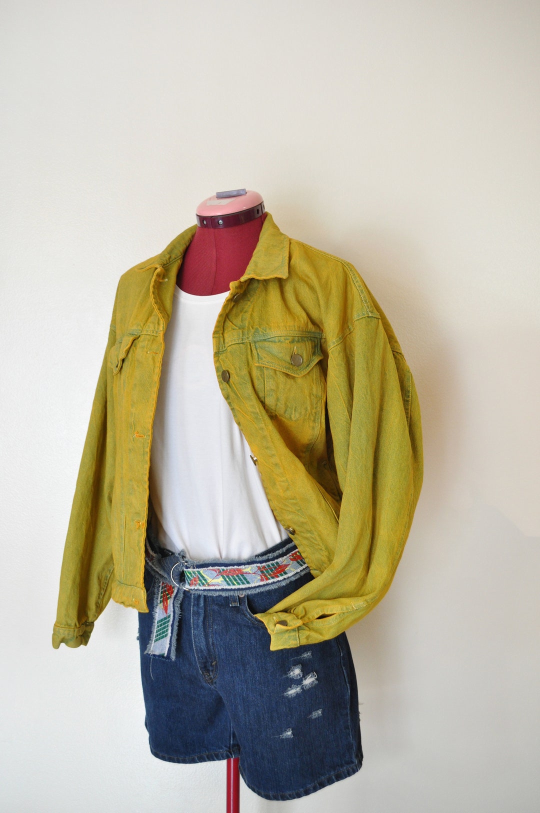 Gold MENS Medium Denim Jacket Rustic Yellow Dyed Upcycled Vintage Blues ...