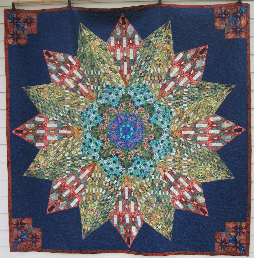 Stars at Sea QUILT - 96"x96" Queen - Salmon, Gold, Blue and Green on ...