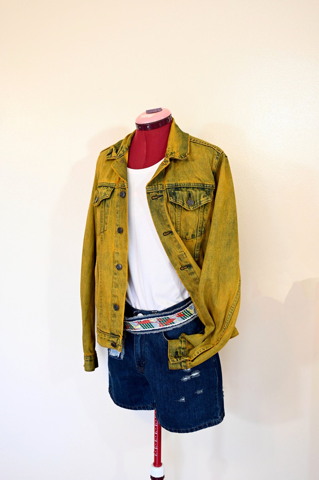 Gold Mens Small Denim JACKET - Rustic Yellow Dyed Upcycled Gap Cotton ...