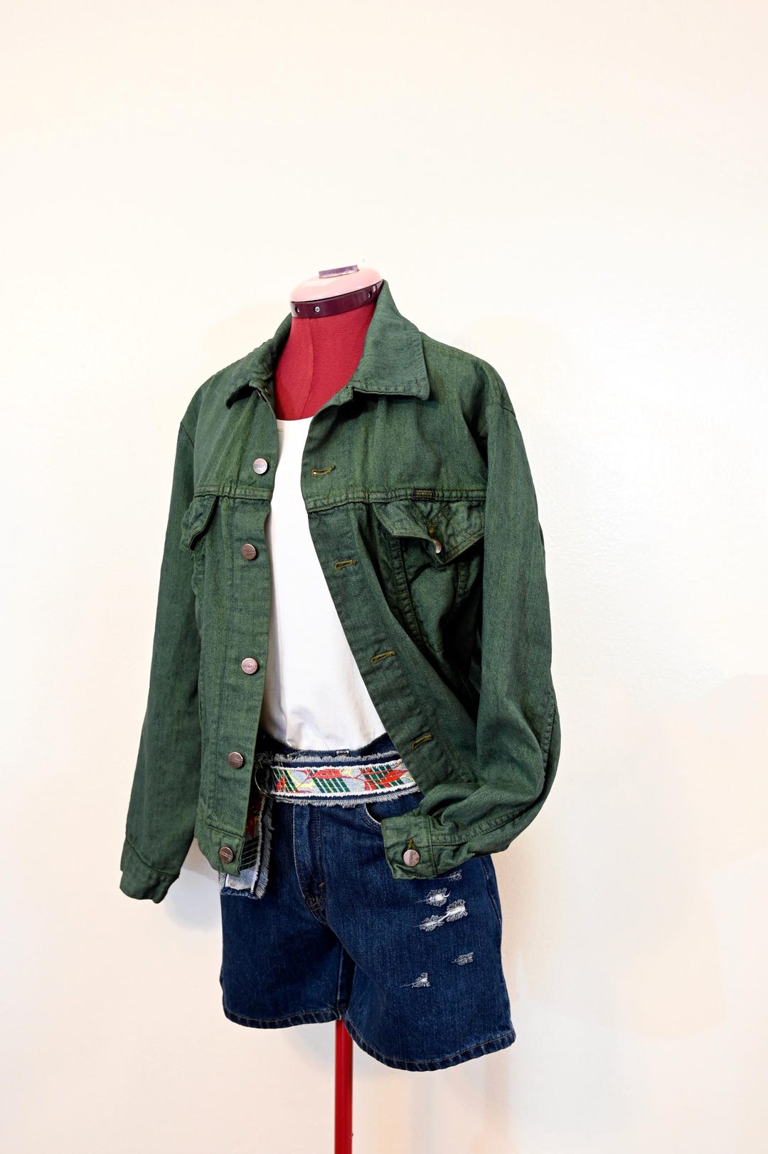 Green Mens Small Denim JACKET- Olive Moss Dyed Upcycled Maverick ...