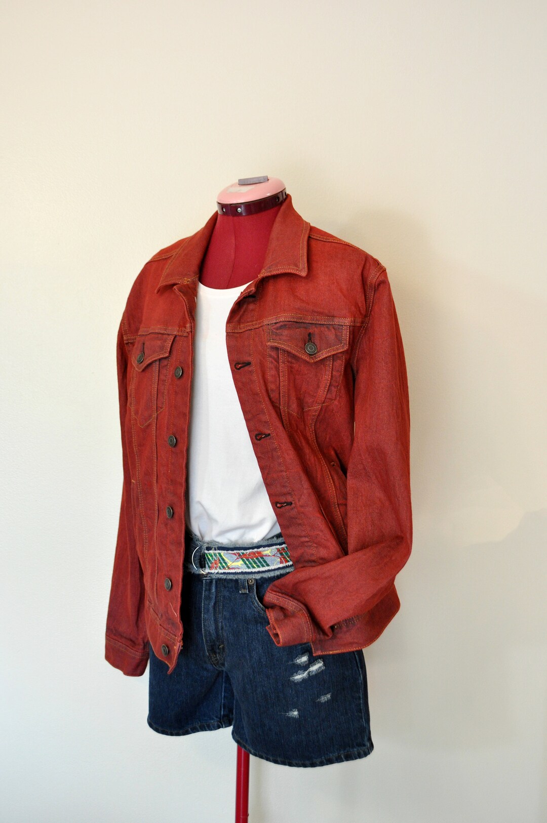 Red Mens Small Denim JACKET - Scarlet Red Solid Dyed Upcycled Georges ...