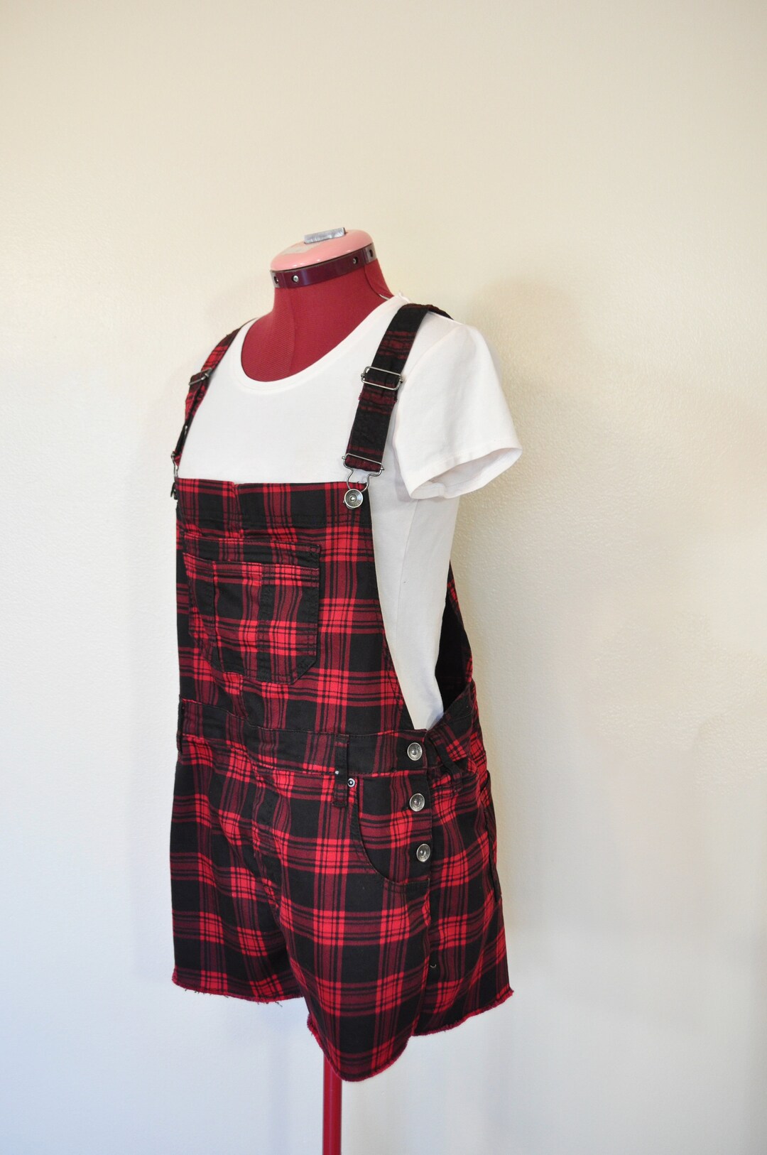 Red Womens Jrs. XL Bib OVERALL Shorts - Red Black Plaid Upcycled HT ...