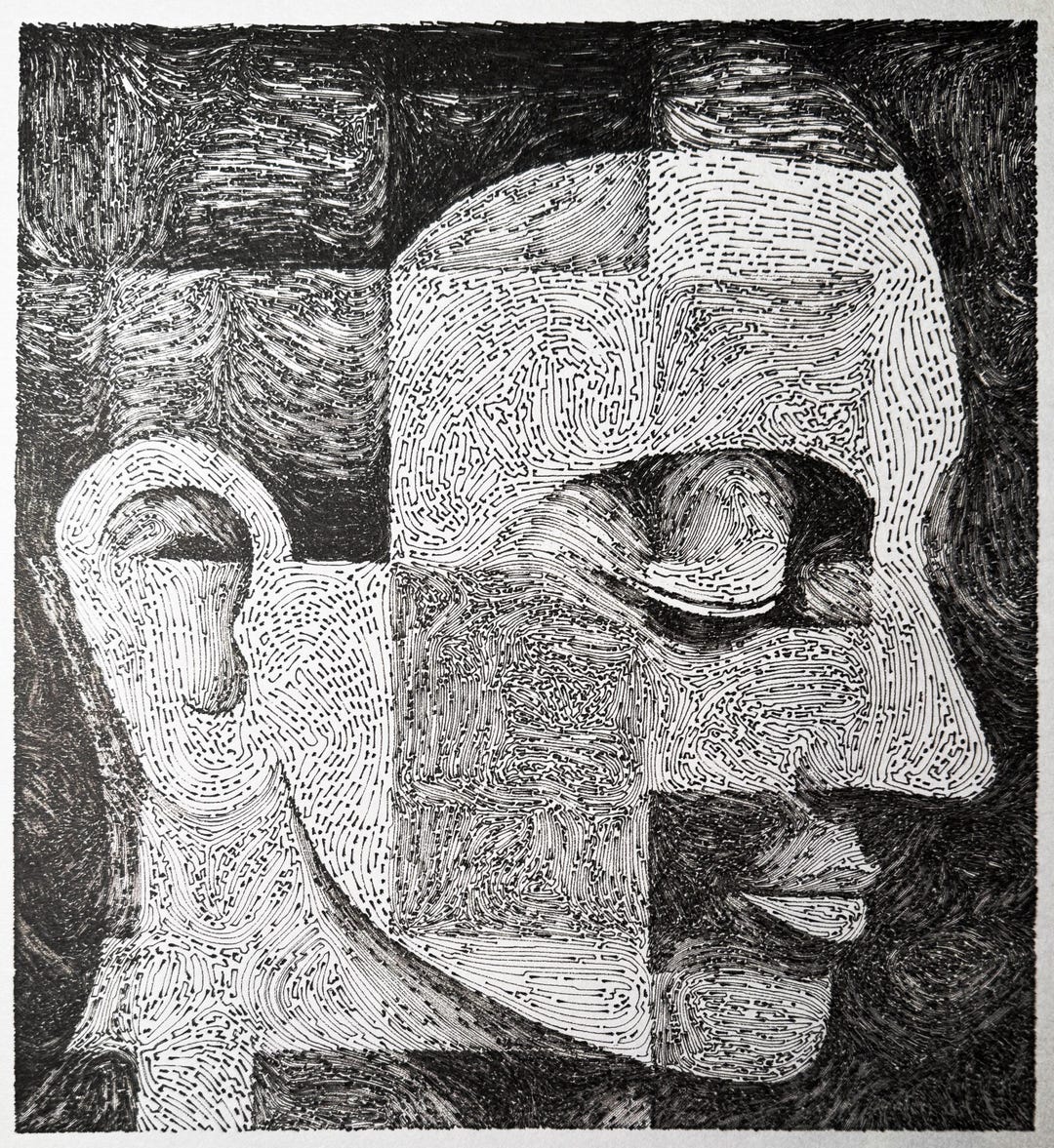 Cubist Portrait in Black and White. Pen and Ink. Original Art Print ...