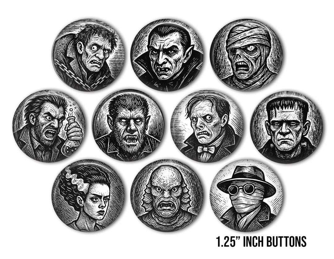 Linocut Horror Movie Monster Button Set: Classic Halloween Pins - Etsy