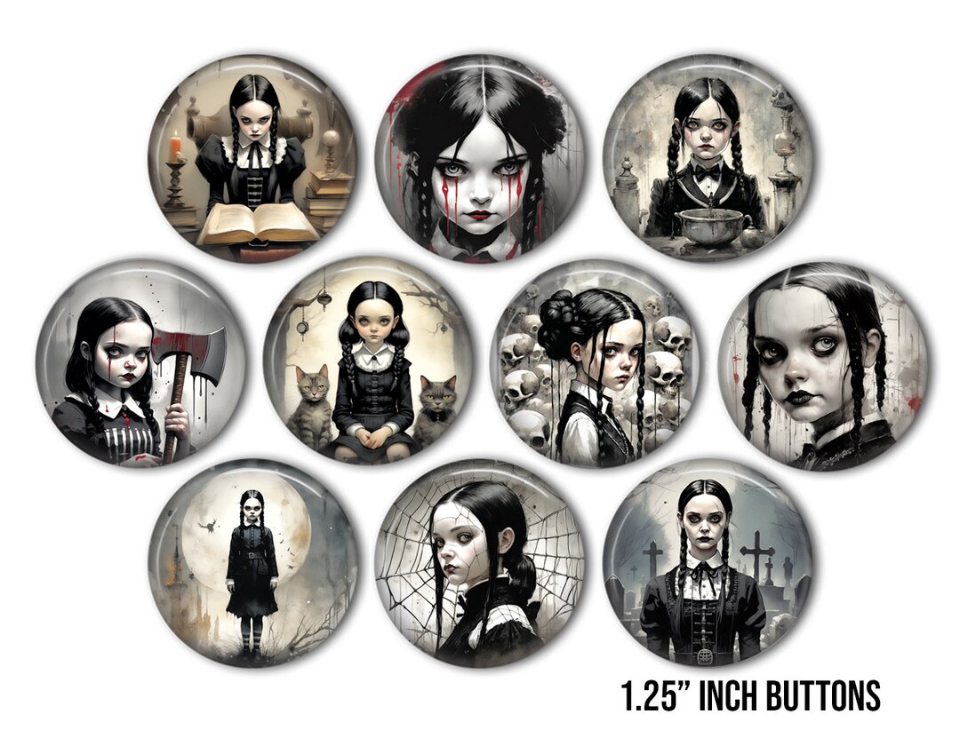 Goth Buttons, 10-1.25" Buttons, Scary Pins, Halloween, Emo Creepy Girl ...