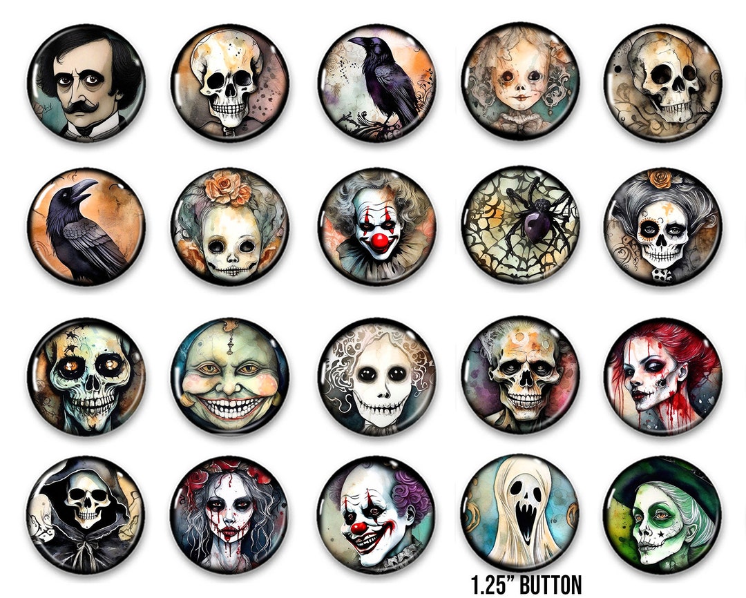 Creepy Horror Buttons, 20-1.25 Spooky Vintage Halloween Pins, Party ...
