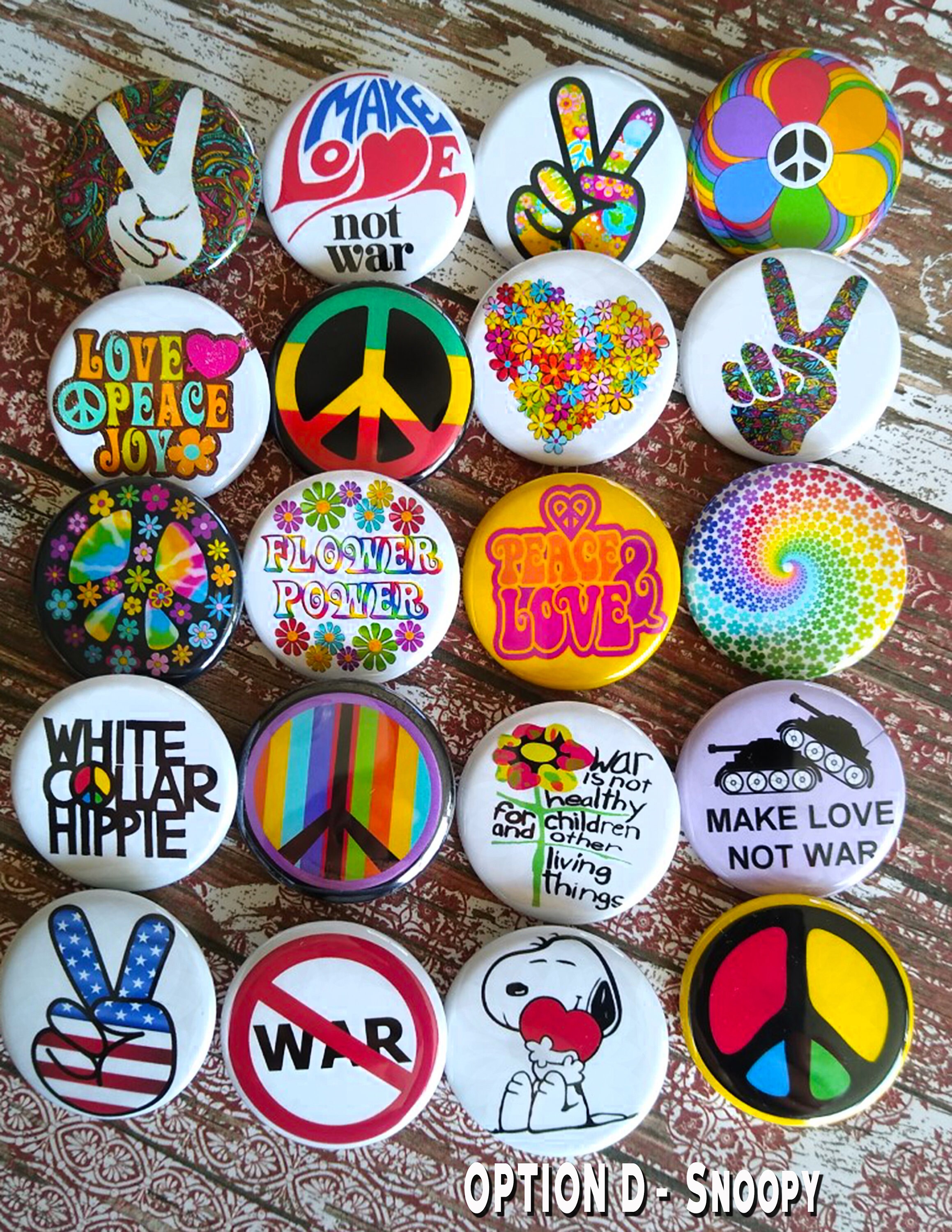 Peace Sign Button Set 20-1.25" 60s Hippie Party Favor, Button, Pin ...