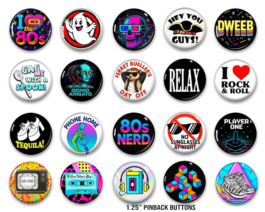80s Pop Culture Button Set: Rad Retro Party Pins - Etsy