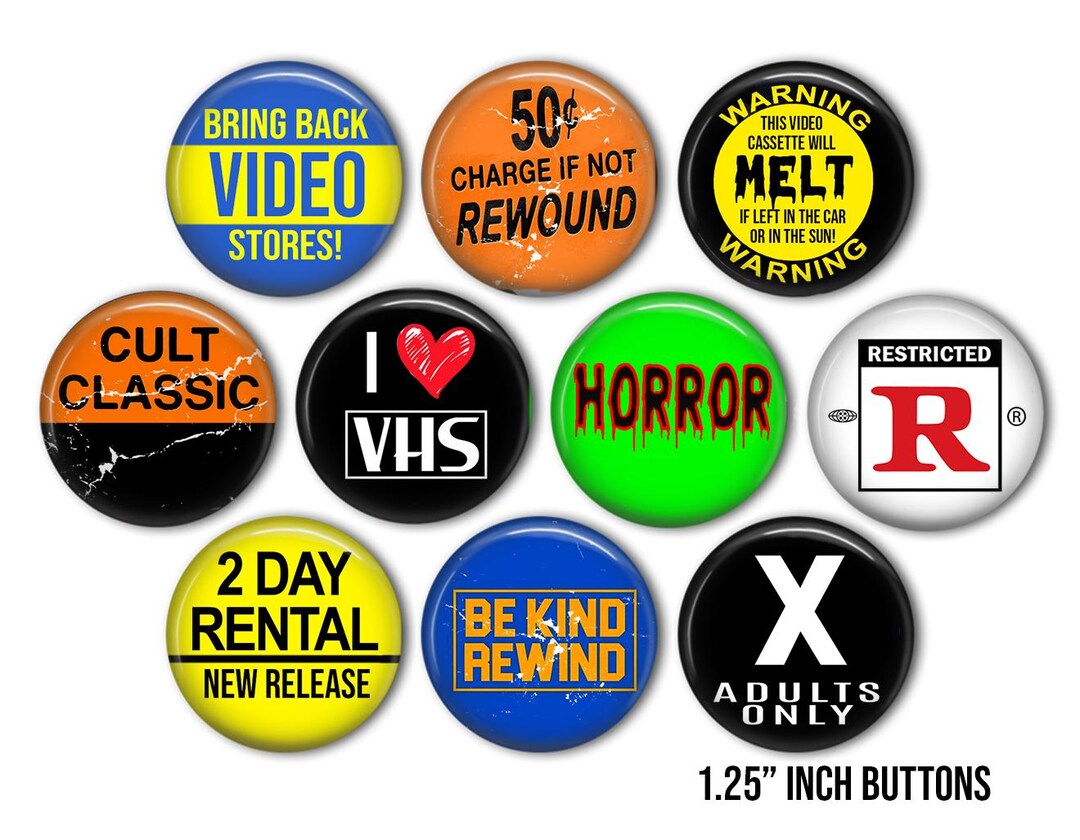 Retro Video Store Buttons 10-1.25", Vintage VHS Buttons, 80s Party ...