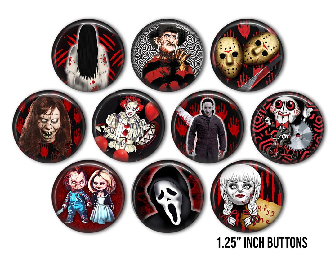 Horror Movie Buttons, 10-1.25 Buttons, Scary Pins, Halloween, Creepy ...