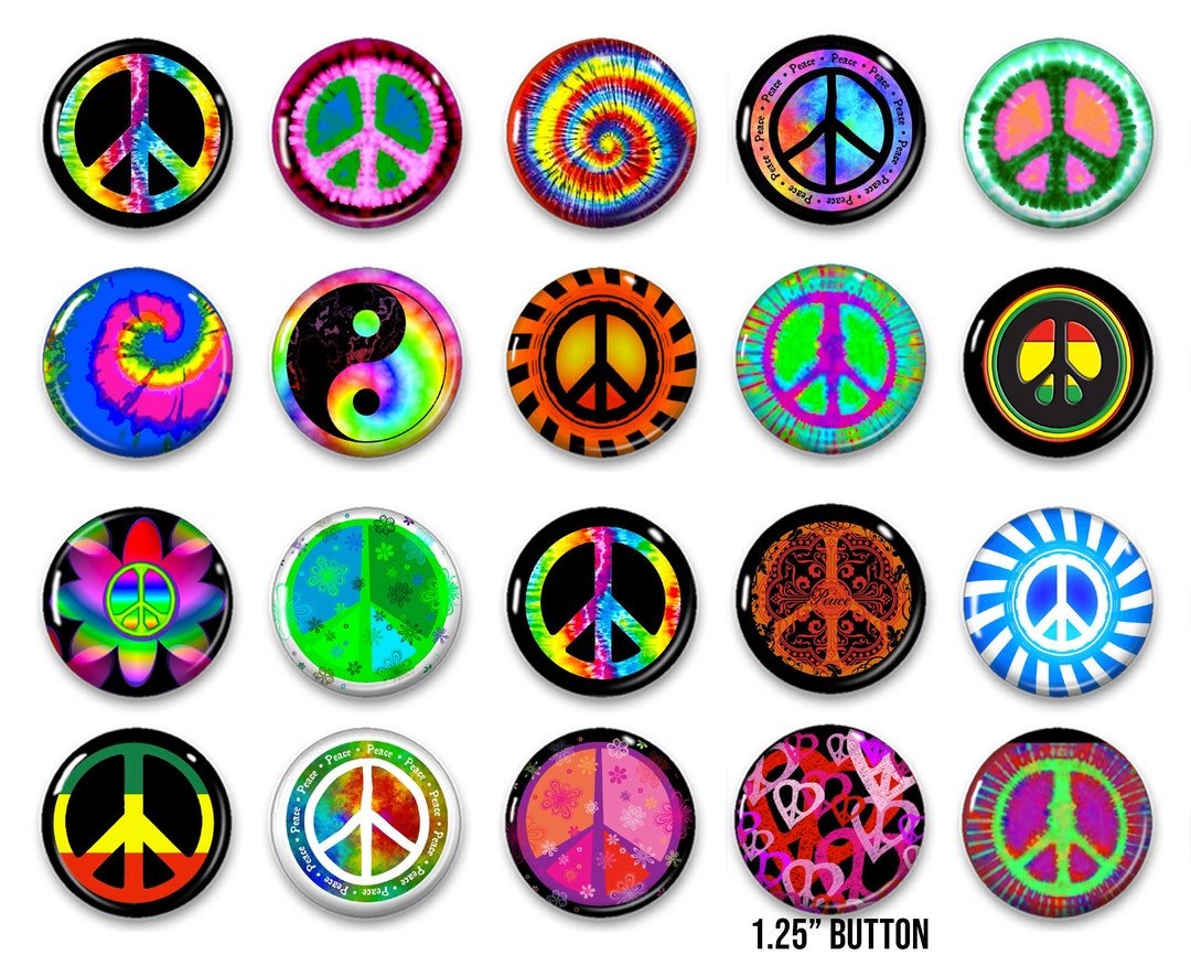 Peace Sign Button Set 20-1.25 Colorful 60s Hippie Party Favor, Button, Pin, Badge, Magnet, Hippy ...