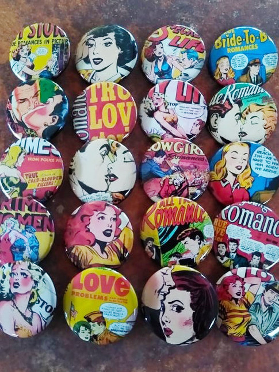 Vintage Pulp Buttons, 20-1.25 Romance Pins , Comic Buttons, Gift Idea ...