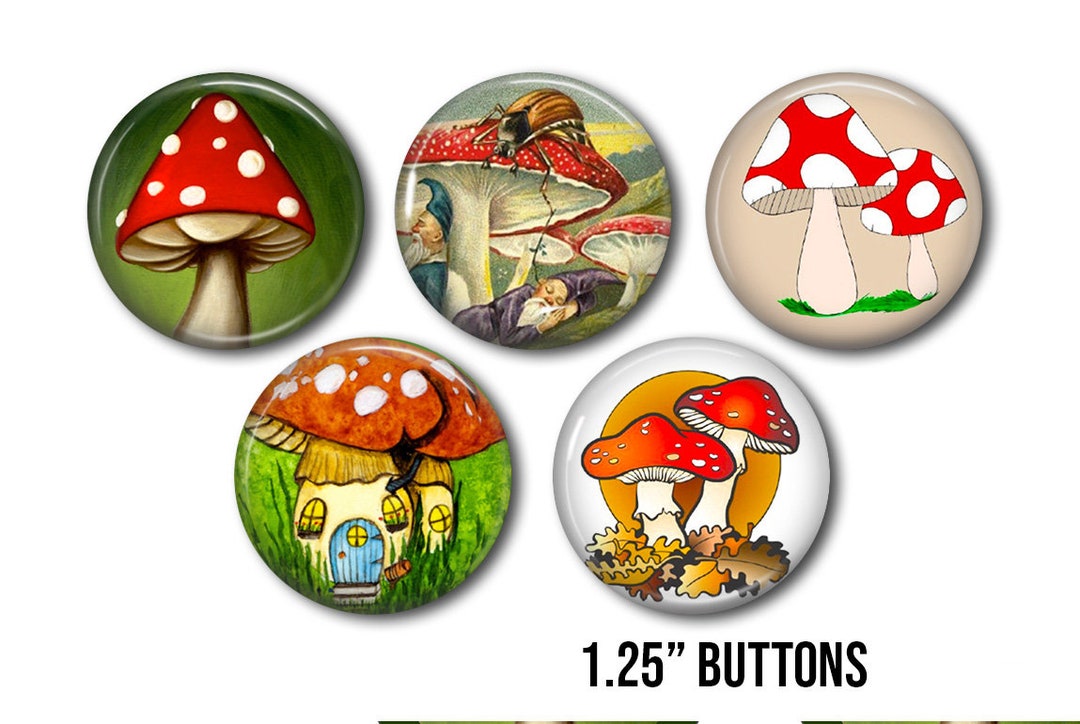 Fairy Mushroom Buttons, 5-1.25" Buttons, Nature Pins, Gift, Cute Gnome ...