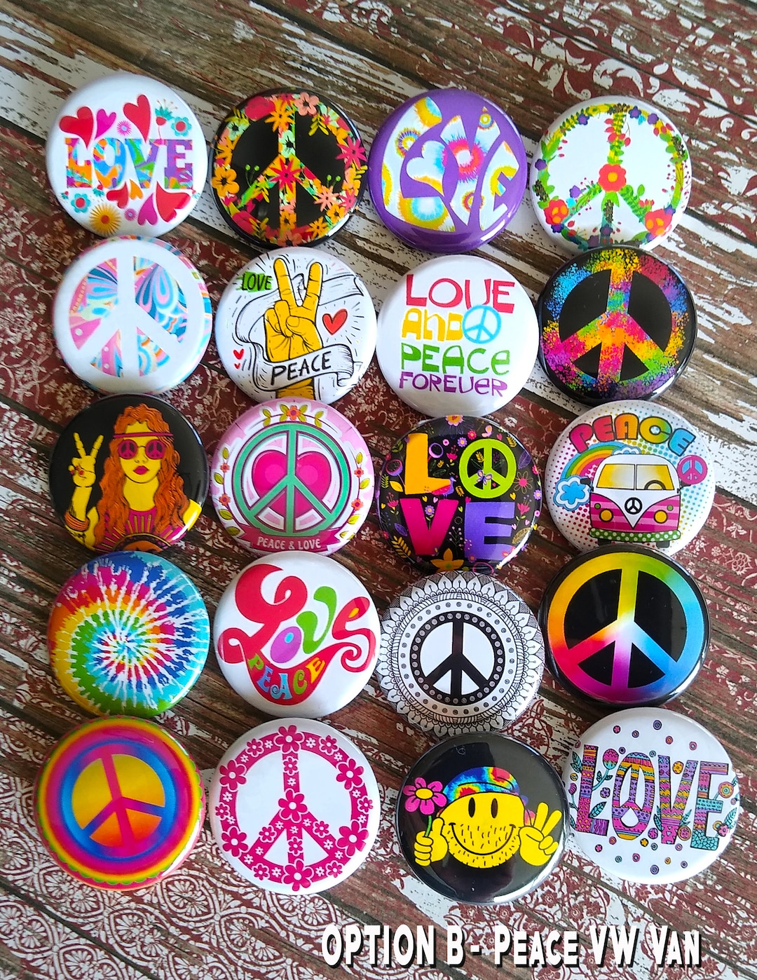 Peace Sign Button Set 20-1.25" Button Pin Set, 60s Hippie Party Favor ...