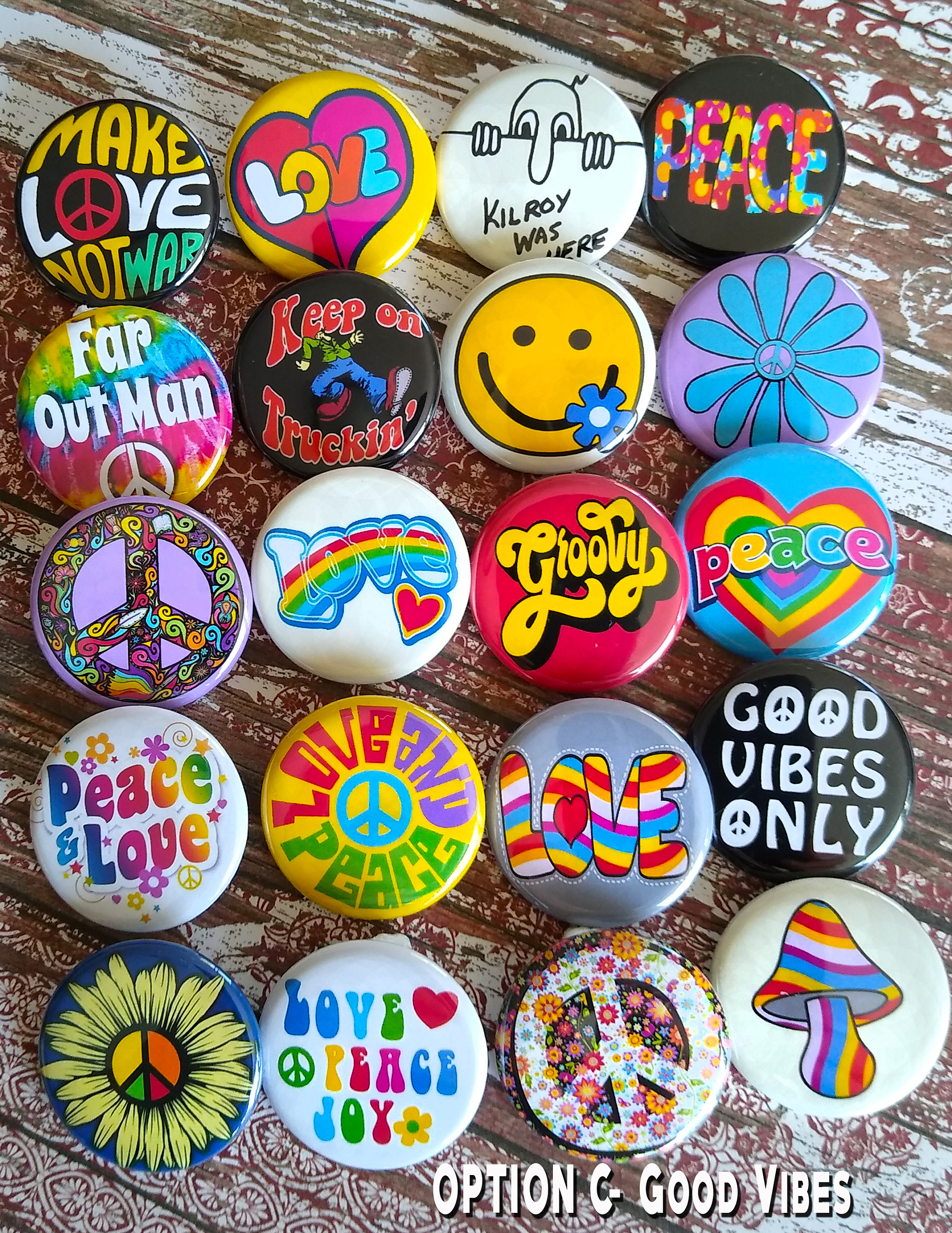 Peace Sign Button Set 20-1.25" 60s Hippie Party Favor, Button, Pin ...