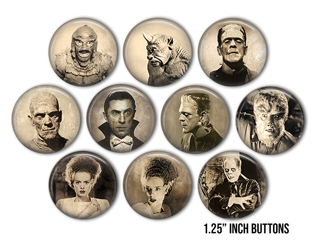 Retro Movie Monster Buttons, 10-1.25" Buttons, Vintage Monster Pins ...