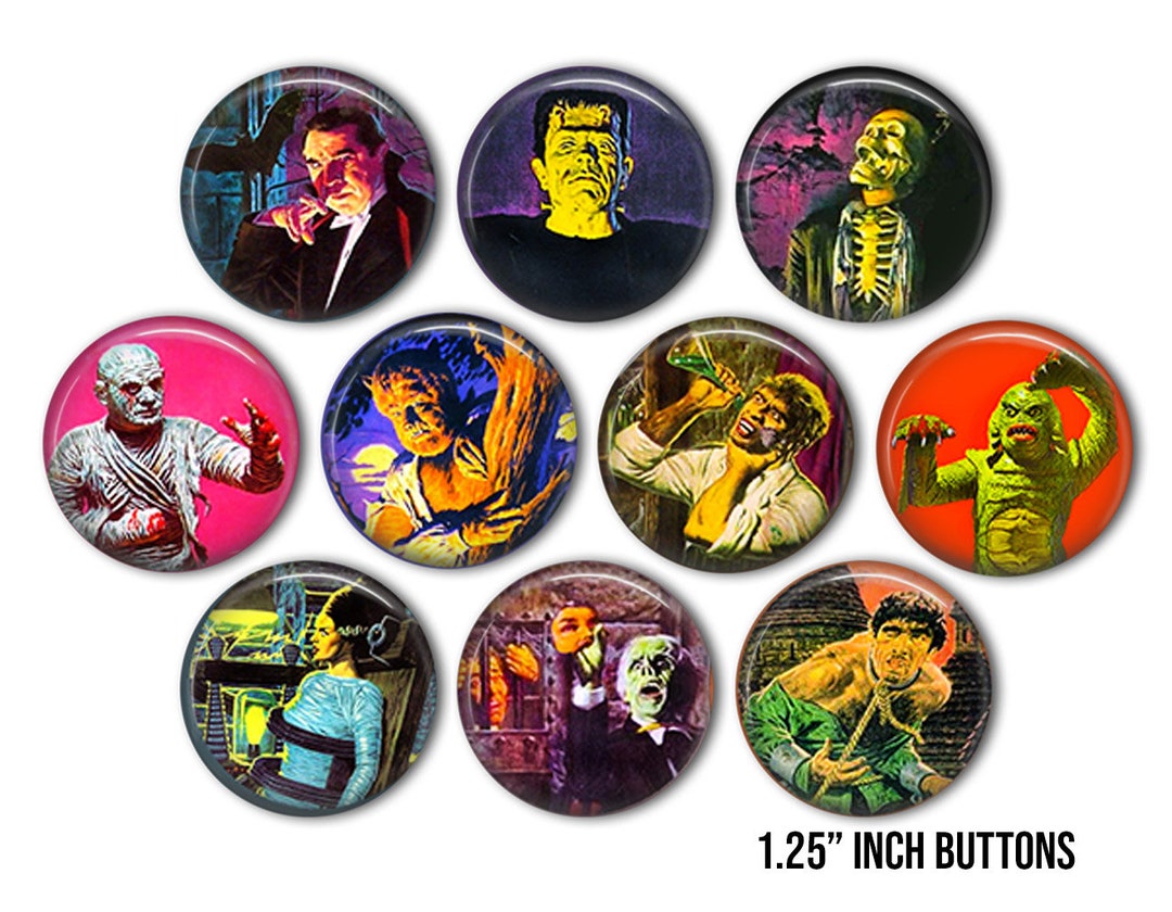 Monster Buttons, 10-1.25" Buttons, Vintage Monster Pins, Halloween ...