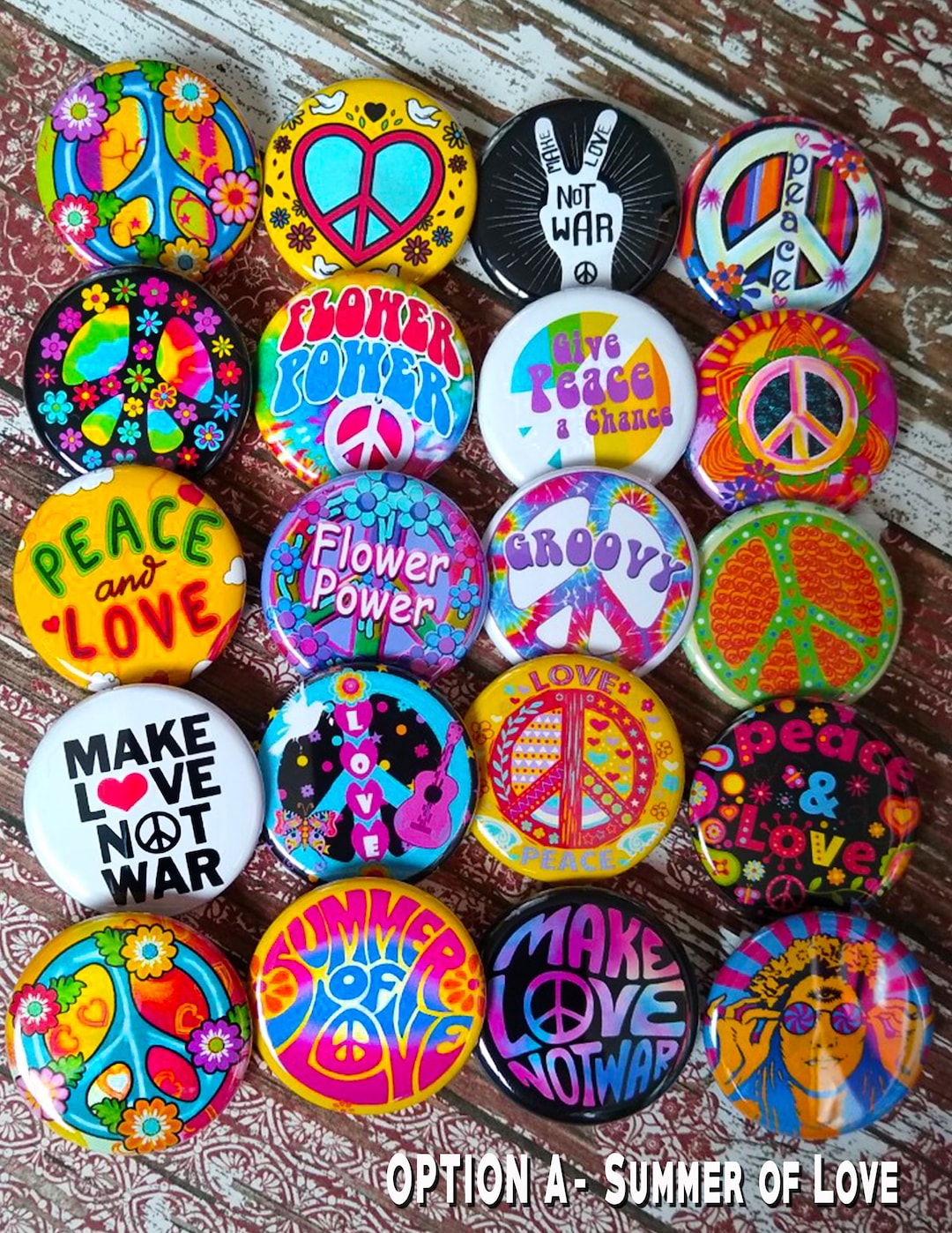 Peace Sign Button Set 20-1.25" 60s Hippie Party Favor, Button, Pin ...