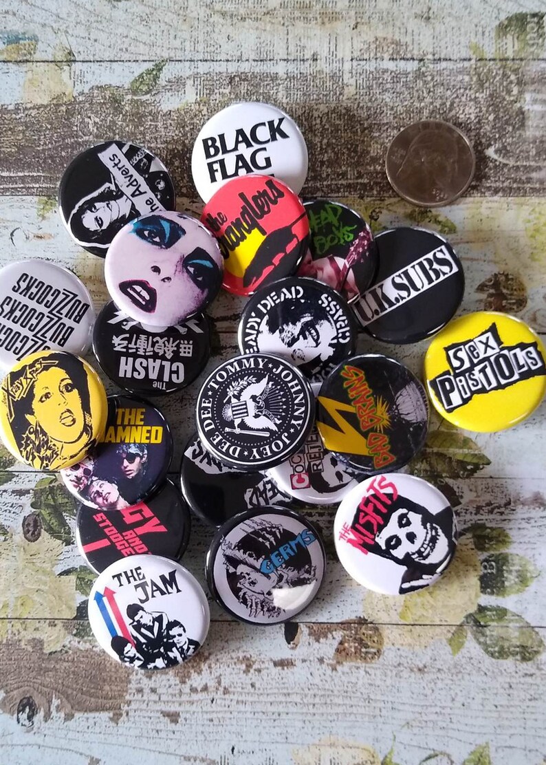 70s Punk Rock 20- 1.25" Button Pin Set, 70s Gothic Punk Rock Buttons ...