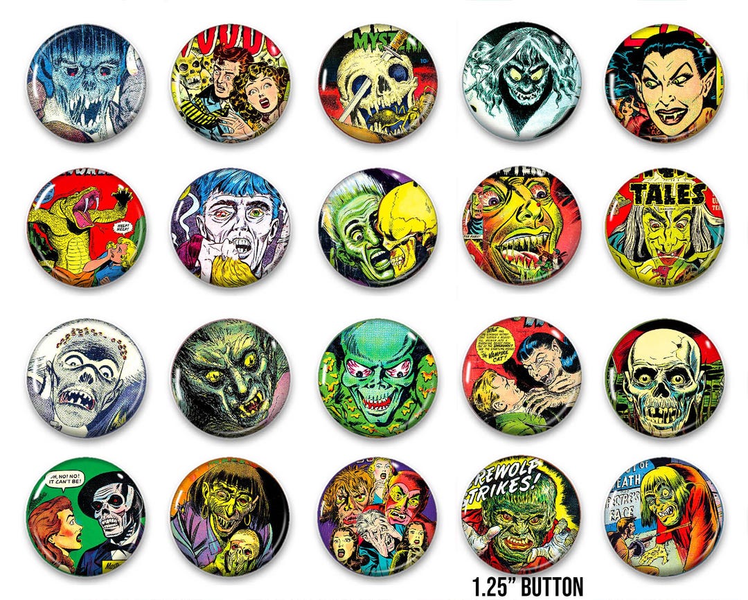 Retro Comic Horror Buttons, 20-1.25" Vintage Comic Pins, Horror Vampire ...