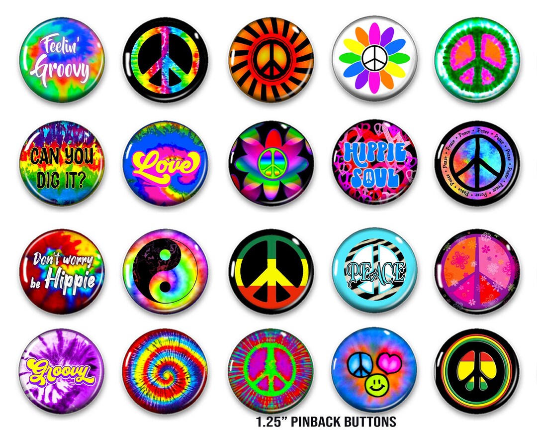 Hippie Peace Sign Button Set 20-1.25" 60s Hippie Party Favor, Button, Pin, Badge, Magnet, Hippy ...