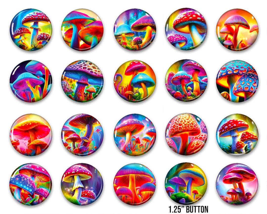 Psychedelic Mushroom Buttons, Set of 20-1.25 Buttons Pins, Trippy Pins ...