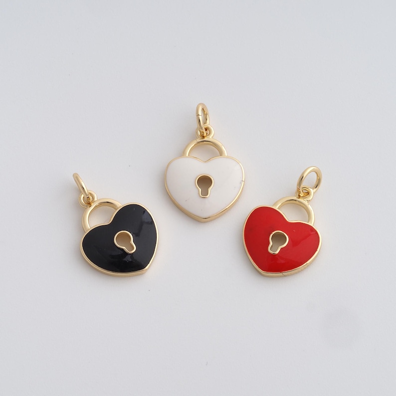 18K Gold Filled Heart Lock Pendant Dainty Enamel Love Lock Charms for ...