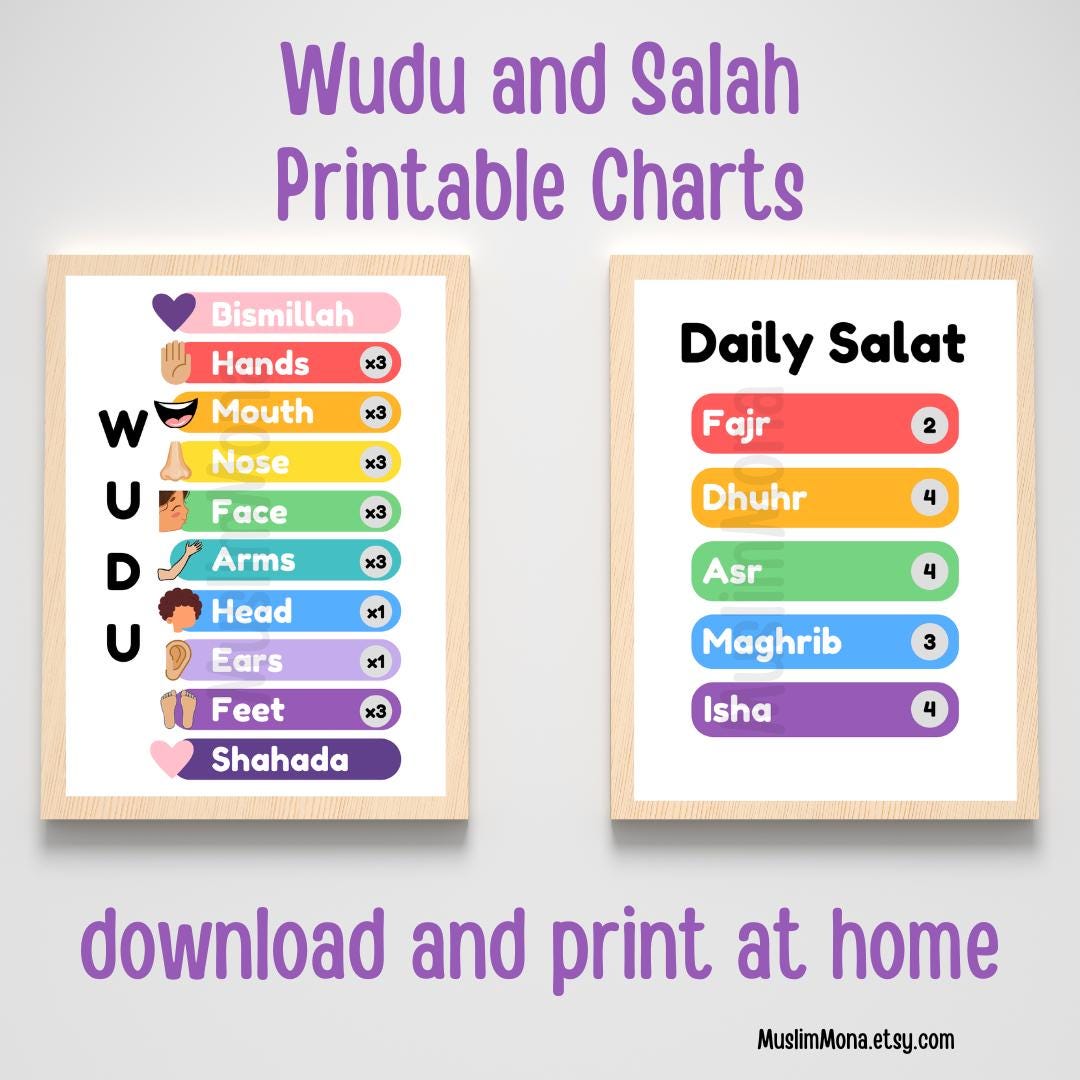 Wudu and Salat Muslim Prayer Chart Bundle and Tracker Printable for ...
