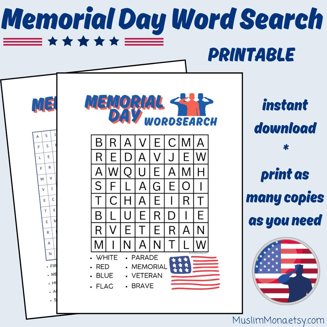 Memorial Day Word Search Printable Activity for Kids | 2 Versions for ...
