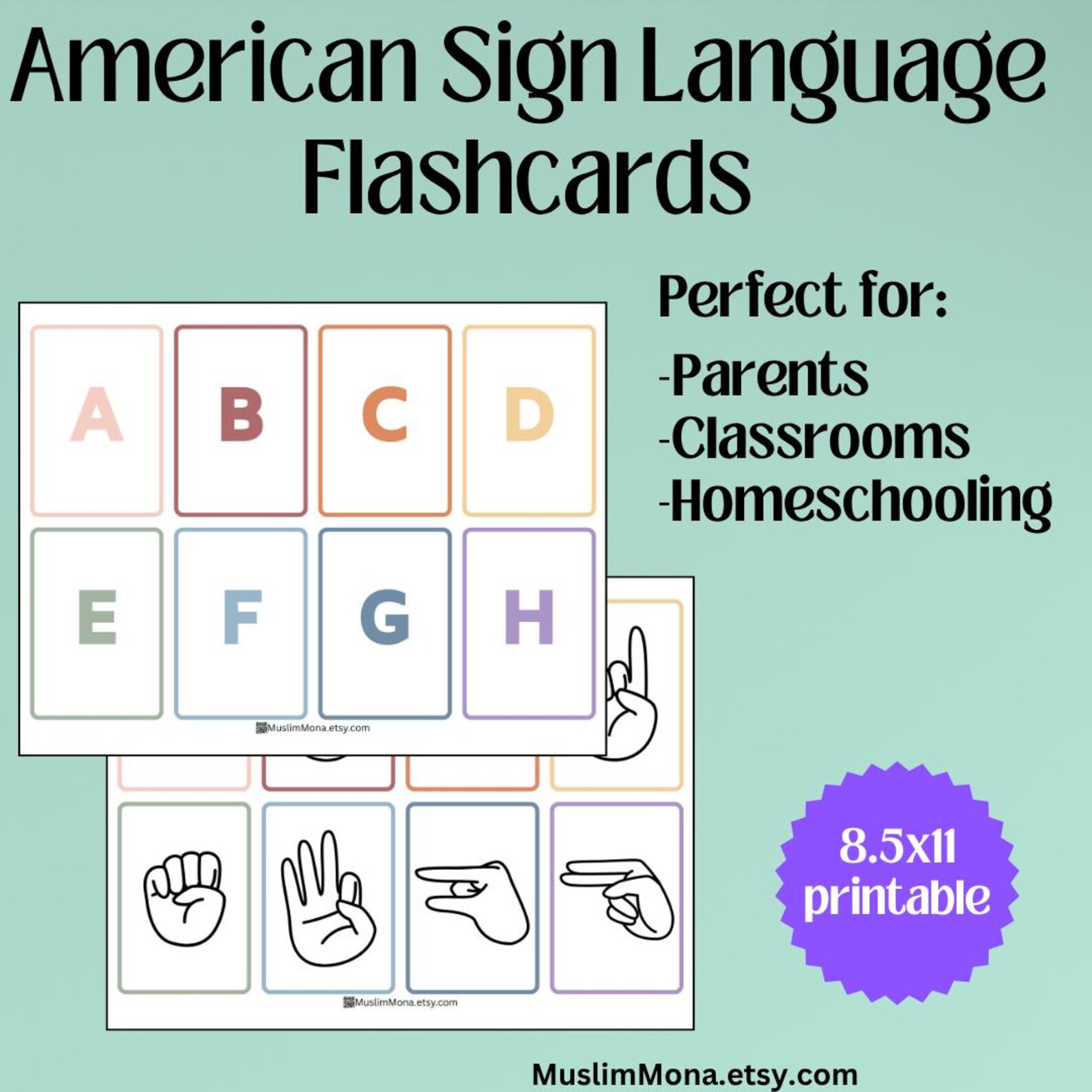 ASL Alphabet Flashcards: Modern Colors, Double-sided (printable PDF ...