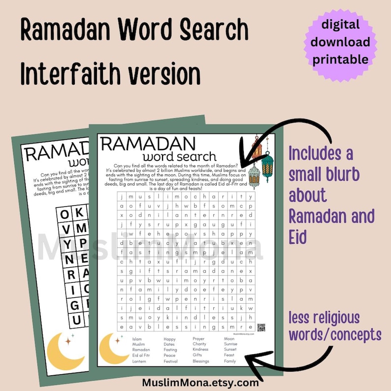 Interfaith Ramadan Word Search Printable 2 Versions for All Ages in ...