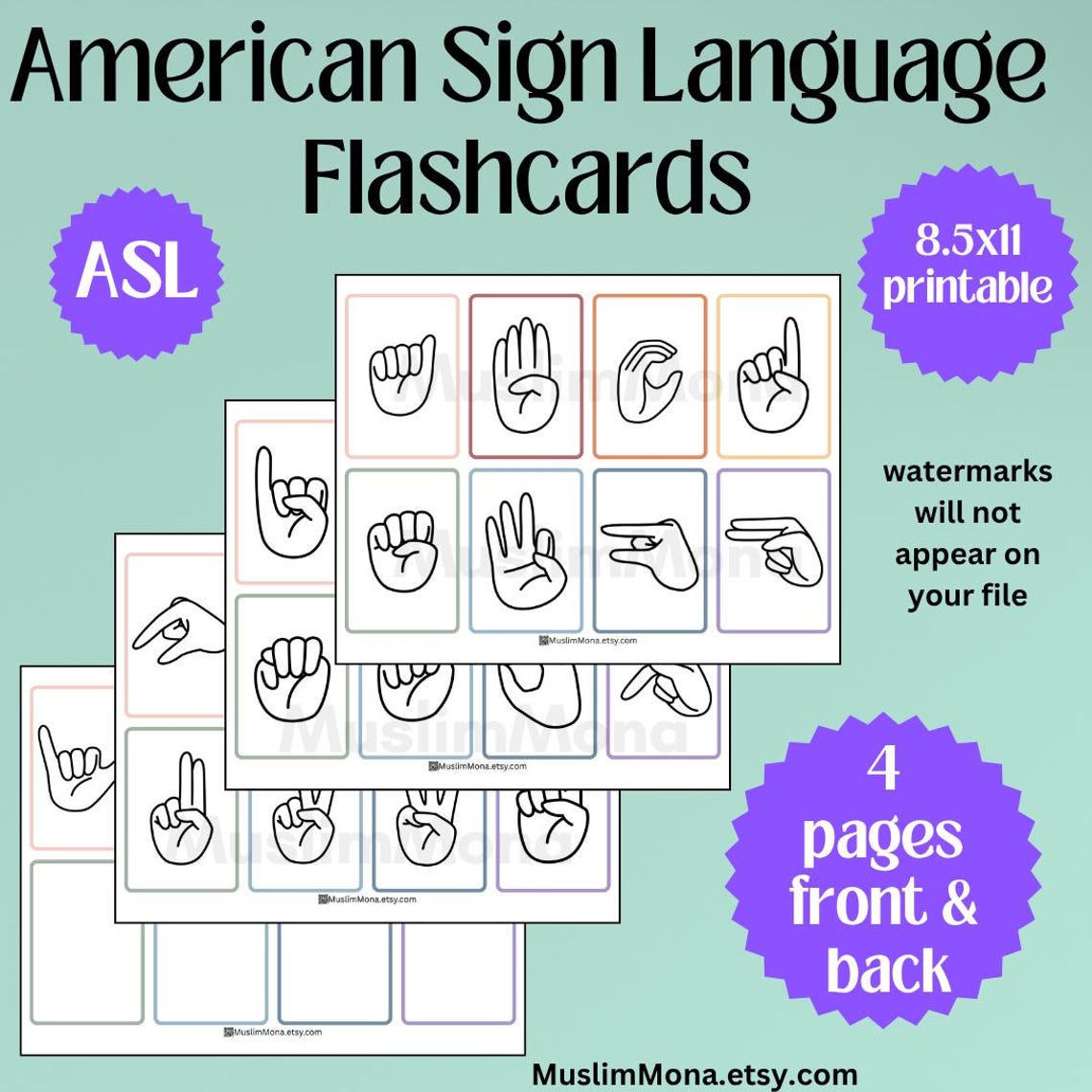 ASL Alphabet Flashcards: Modern Colors, Double-sided (printable PDF ...