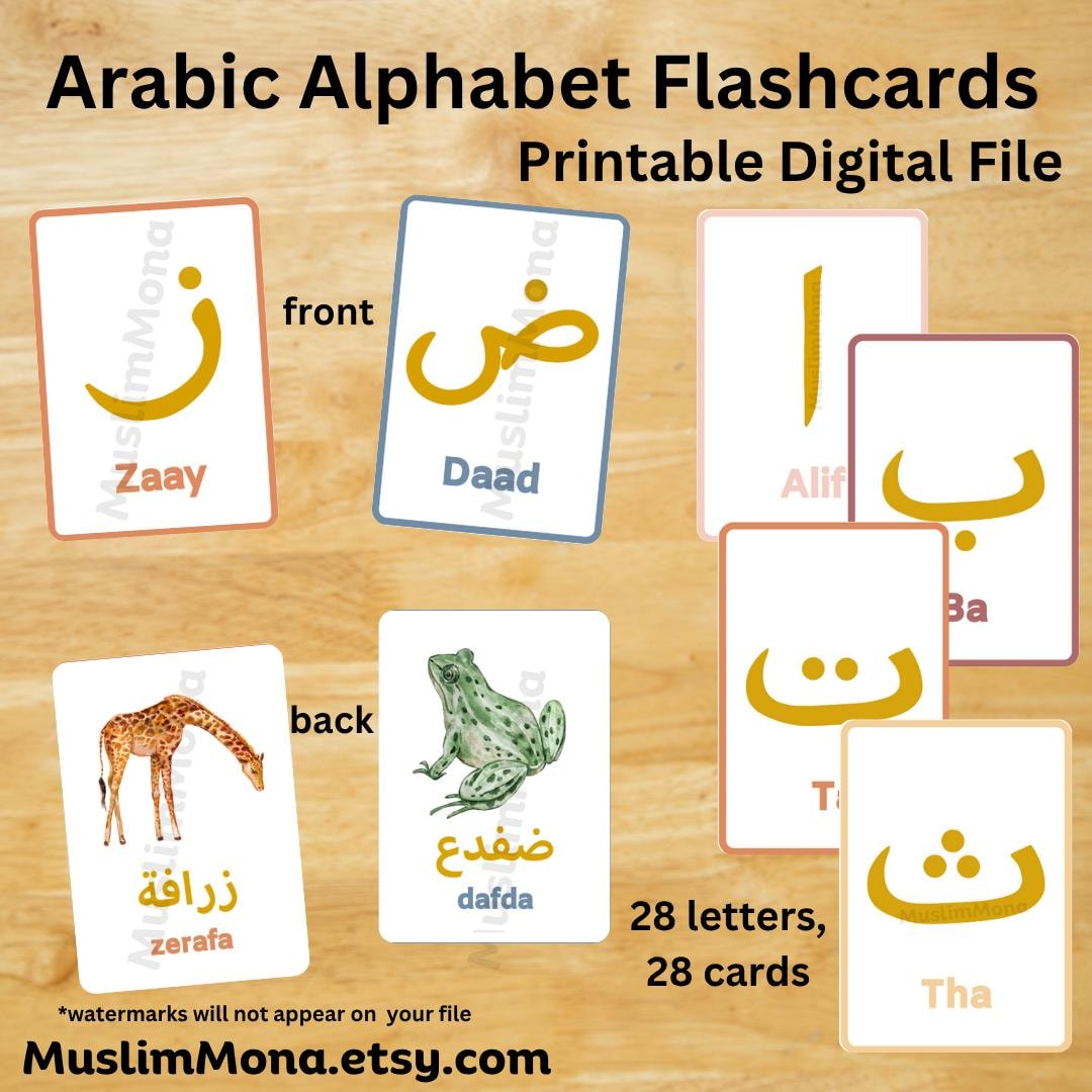 Printable Arabic Alphabet Flashcards | Watercolor Illustrations ...