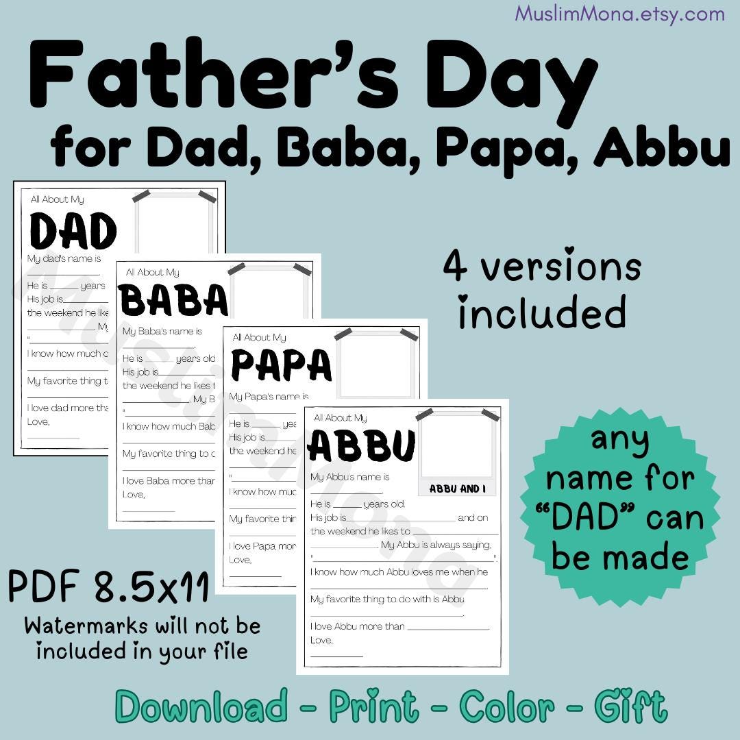 Printable Father's Day Activity – All About Dad, Papa, Abbu or Baba ...