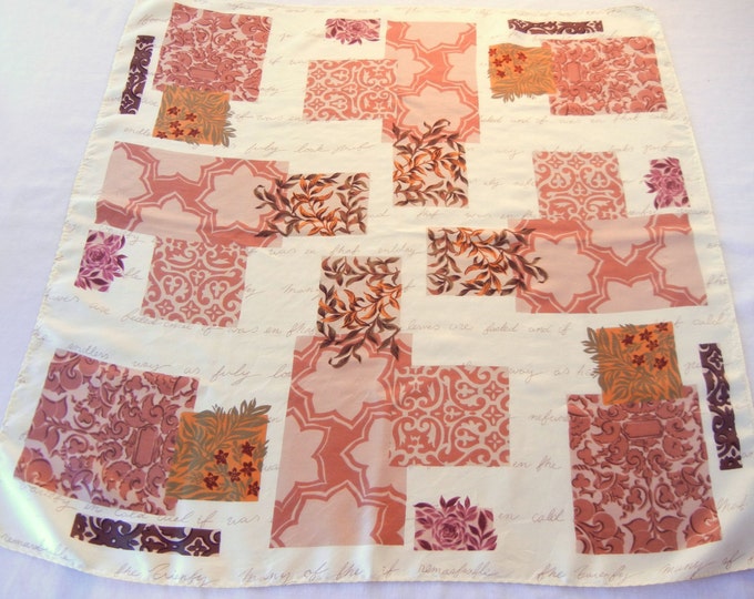 Vintage Silk Scarf, Pink and Cursive Handwriting Print, Small Square ...