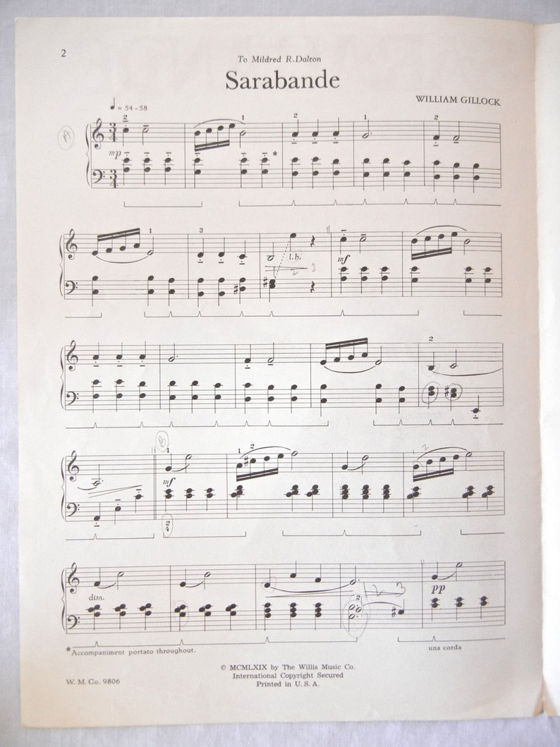Sarabande Sheet Music, Piano Solo by William Gillock, 1969 - Etsy