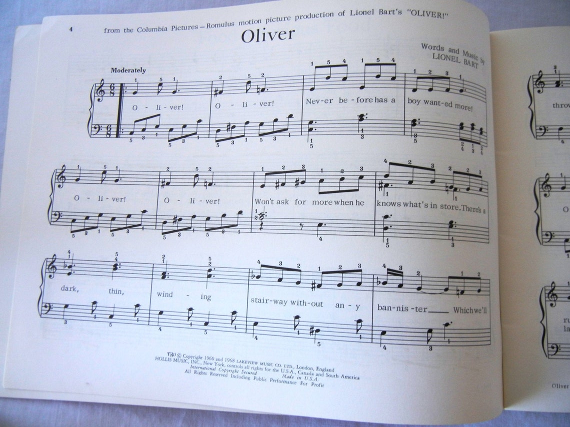 Piano Sheet Music Oliver Movie Soundtrack Easy Piano for | Etsy