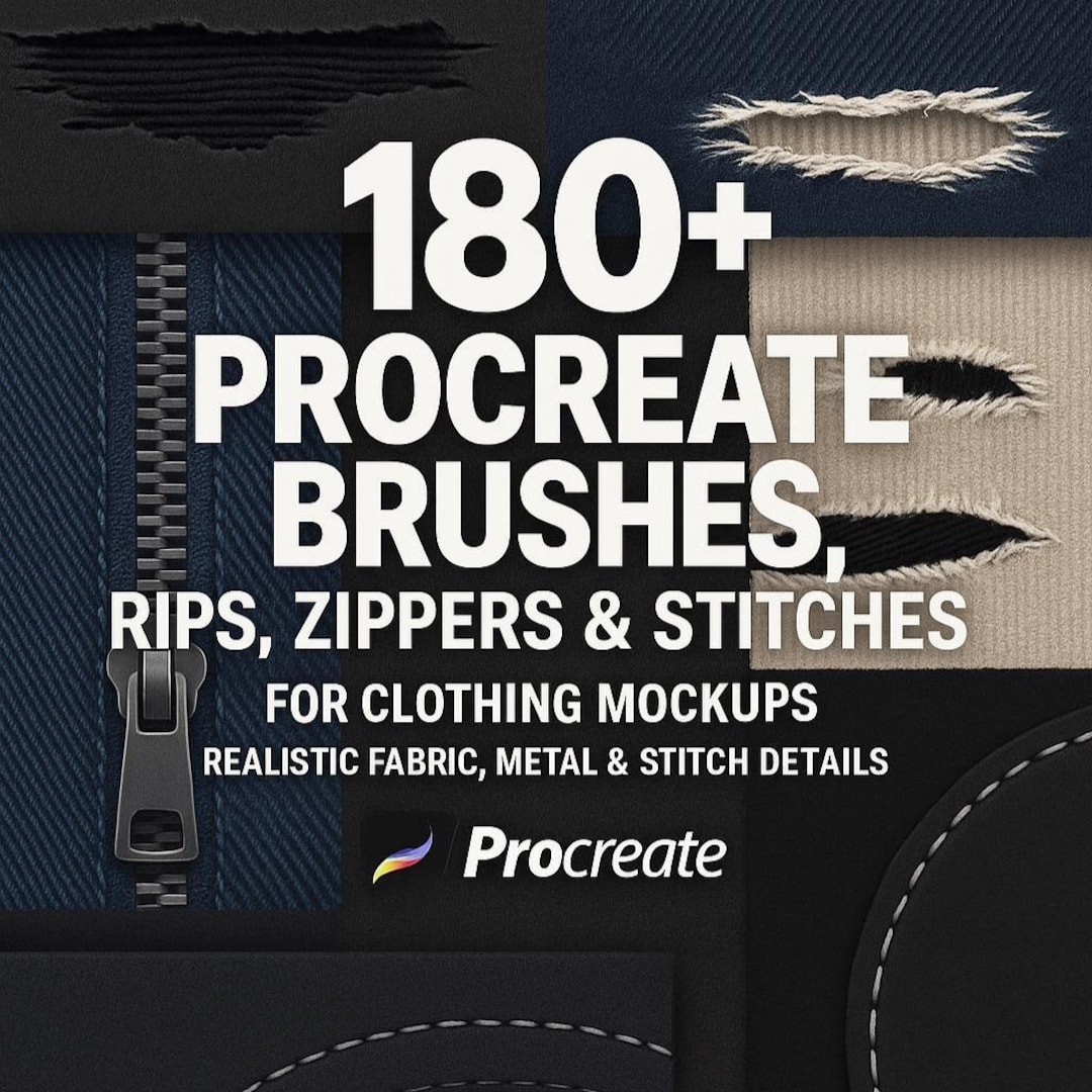 180+ Procreate Brushes, Rips, Zippers and Stitch Set for Clothing ...