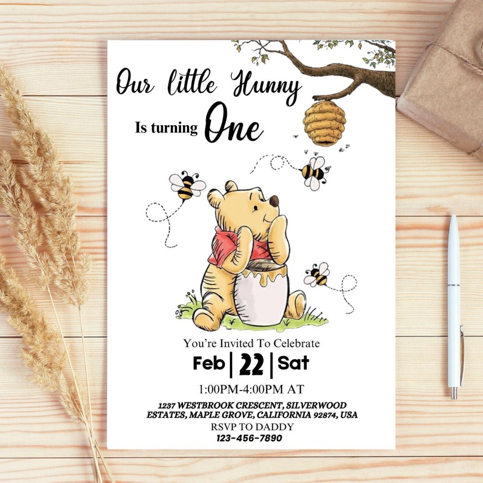 Winnie the Pooh Birthday Invitation, Little Hunny Birthday Invite ...