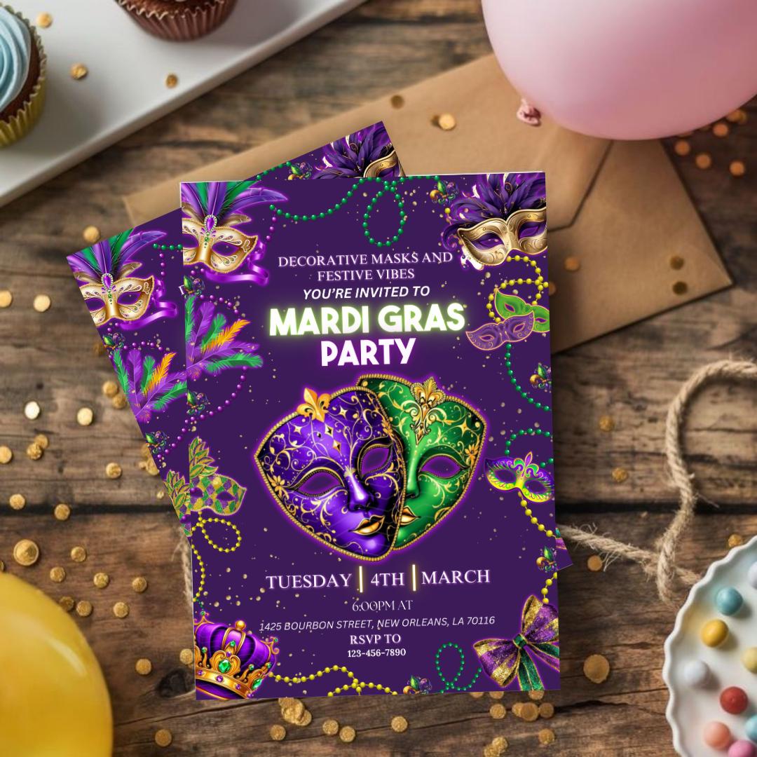 Mardi Gras Birthday Invitation Digital Masquerade Birthday Party Invite ...
