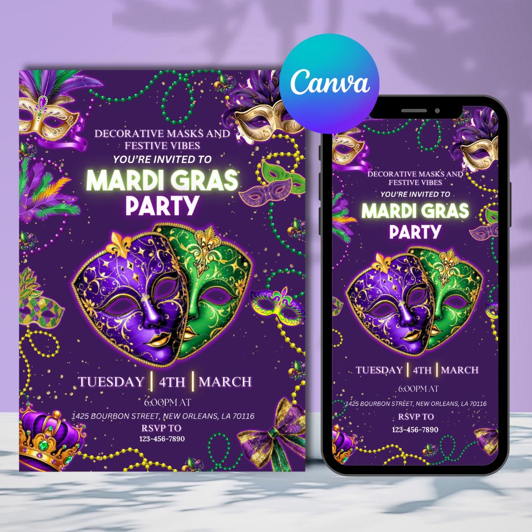 Mardi Gras Birthday Invitation Digital Masquerade Birthday Party Invite ...
