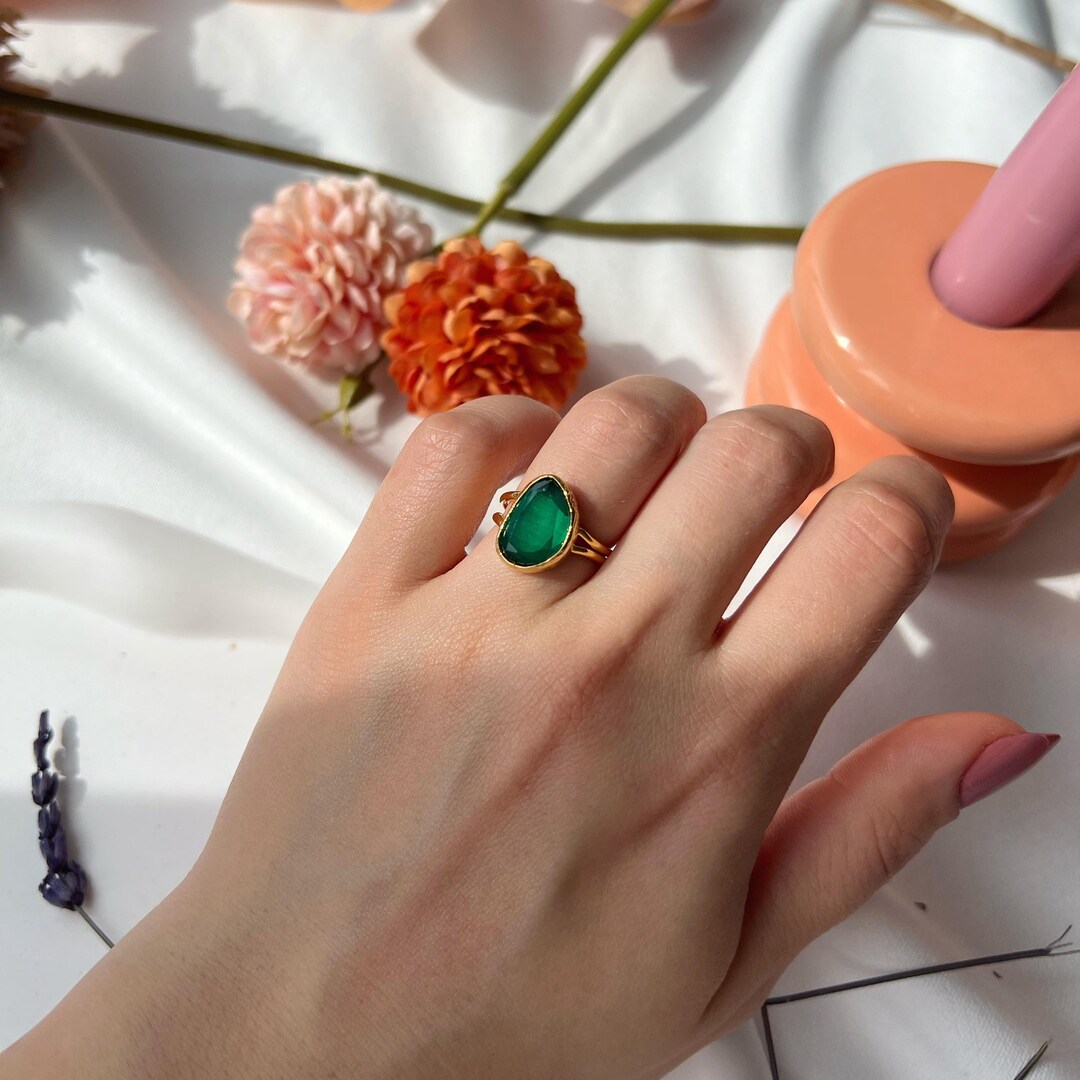 Natural Emerald Green Ring, Created Emerald, May Birthstone Ring, Gold ...