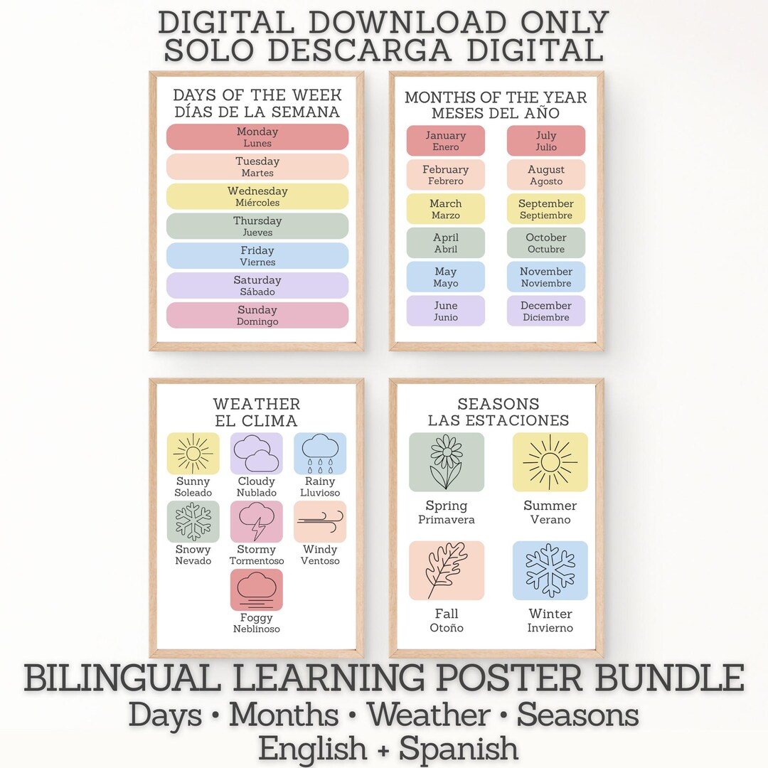 Bilingual Classroom Poster Bundle, English Spanish, Days, Months ...