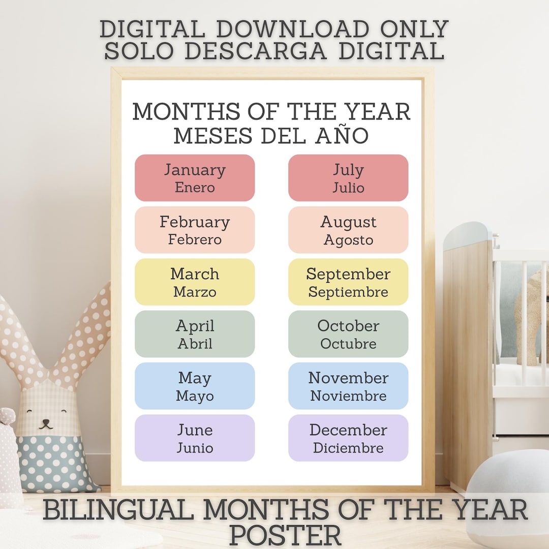 Bilingual Months of the Year Poster, English Spanish Printable Wall Art ...
