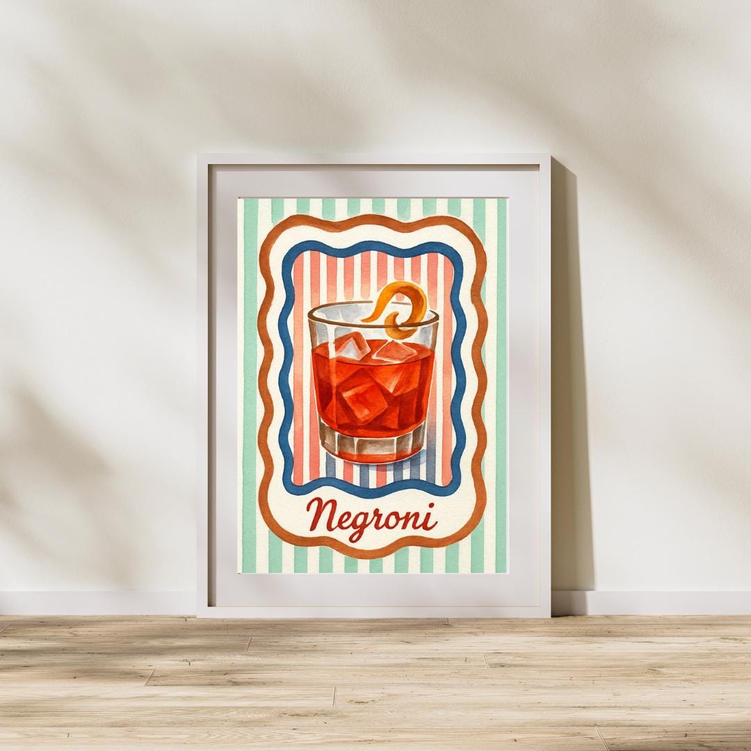 Negroni Cocktail Art Print | Vintage Bar Wall Decor | Retro Watercolor ...